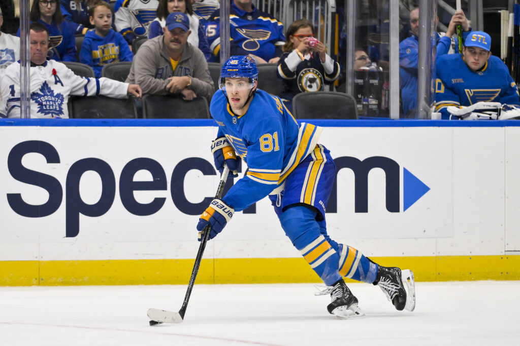 Blues' Dylan Holloway Leaves, Alexey Toropchenko Returns To Practice